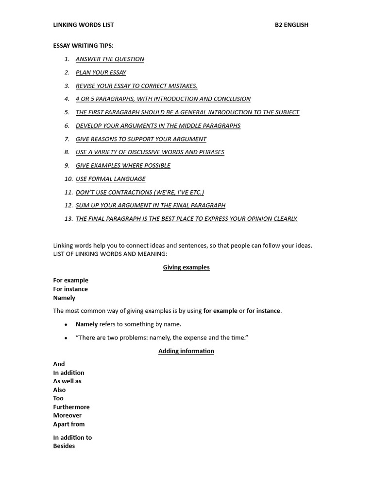 B2 Linking Words | PDF | Essays | Sentence (Linguistics)