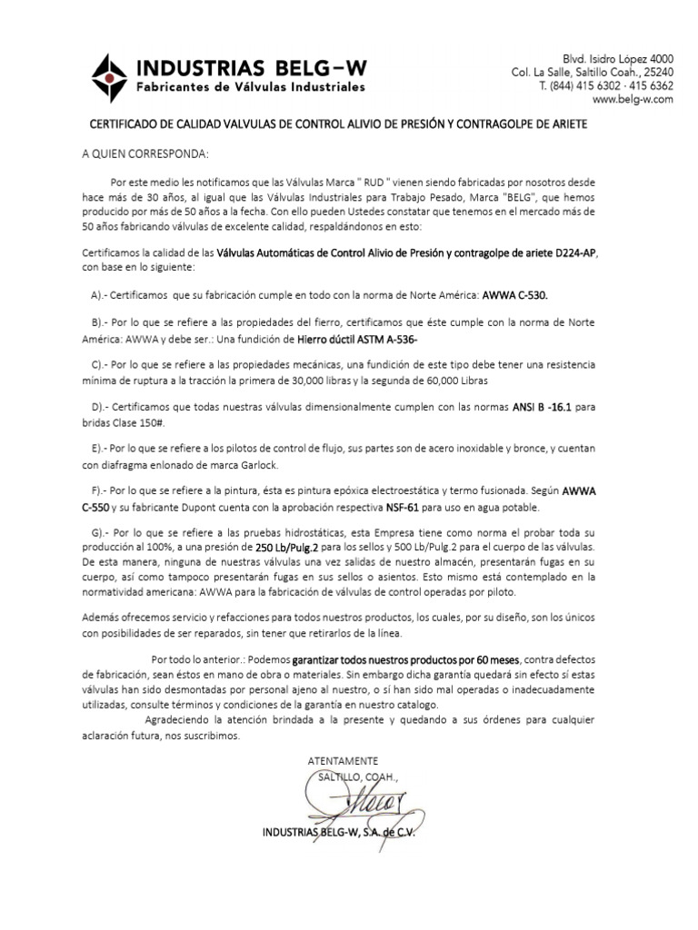 Certificado de Calidad de Válvulas RUD | PDF