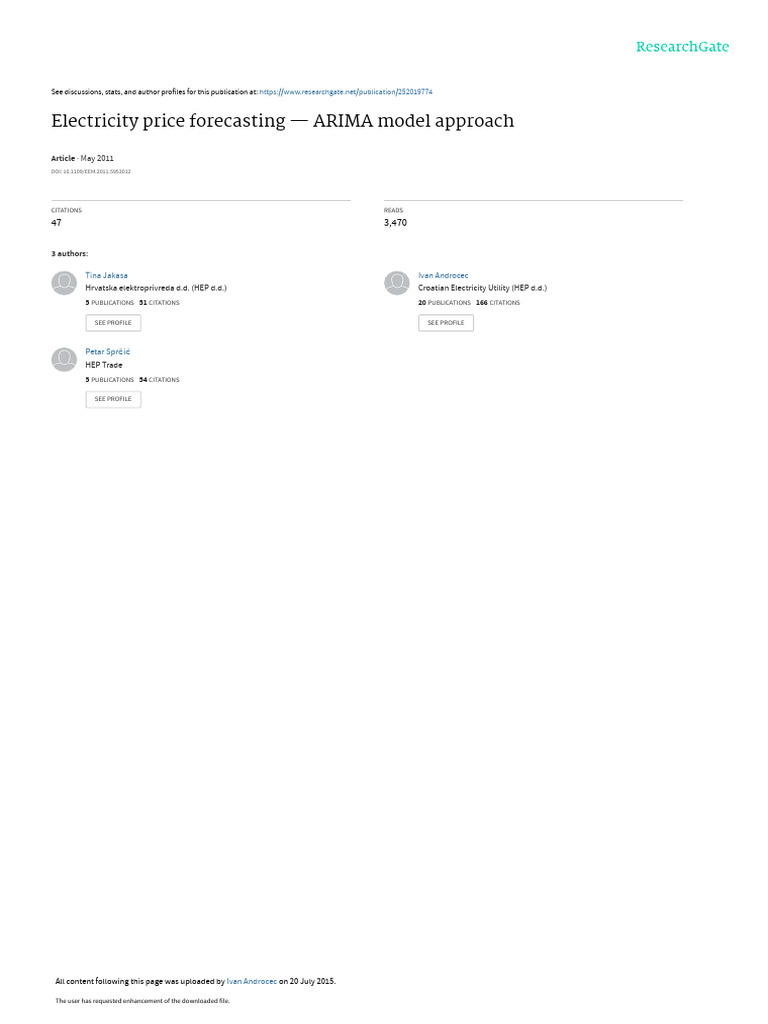 Electricity Price Forecasting Arima Model Approach Pdf Autoregressive Integrated Moving
