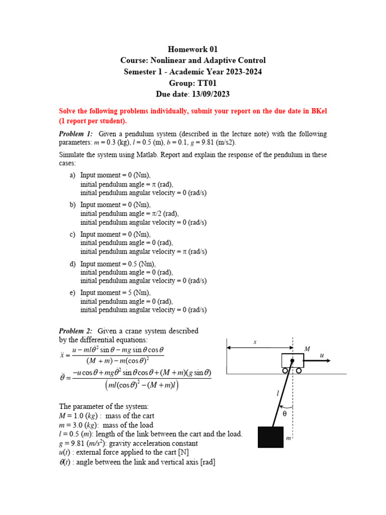 Nonlinear Control Homework Problems | PDF | Force | Velocity