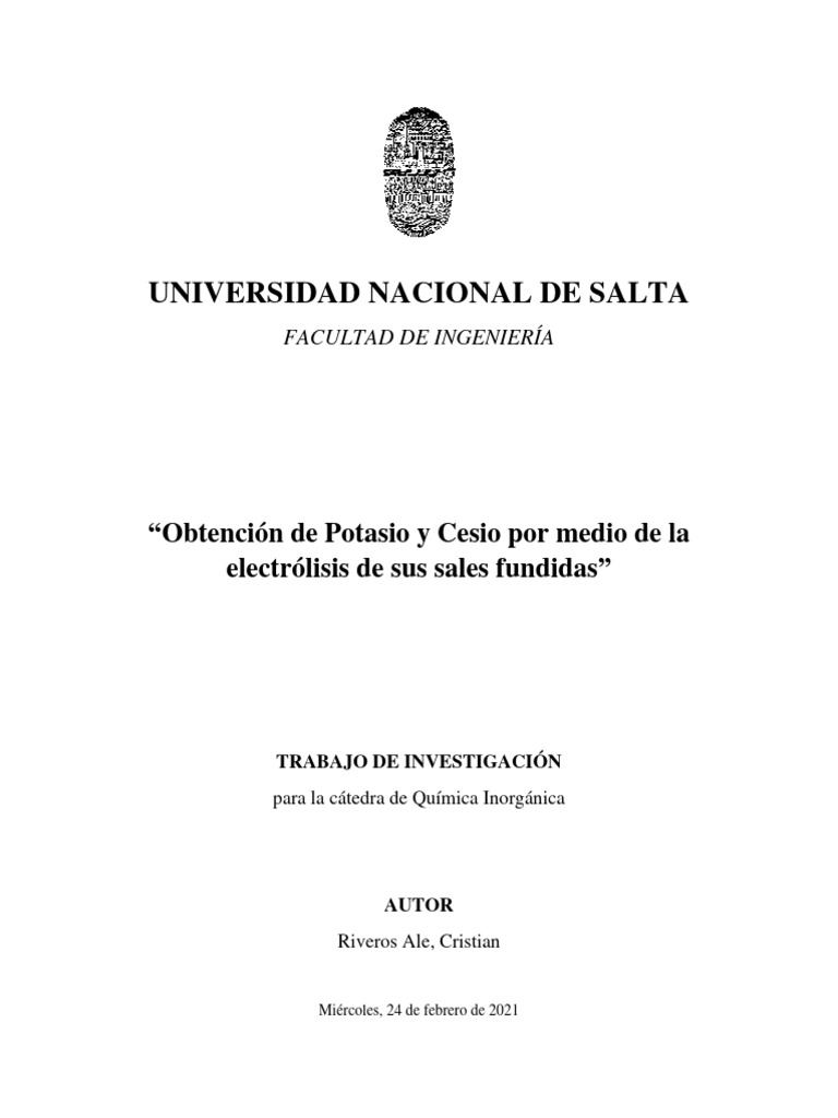 Universidad Nacional de Salta: "Obtención de Potasio y Cesio Por Medio de La Electrólisis de Sus ...