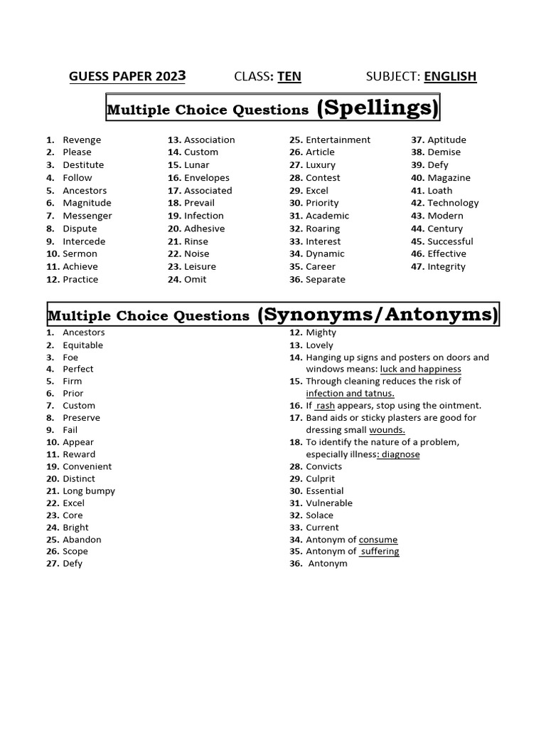 10th Class English Guess Paper | PDF