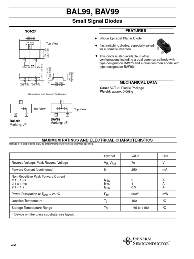 Bal99, Bav99 General | PDF | Diode | Materials