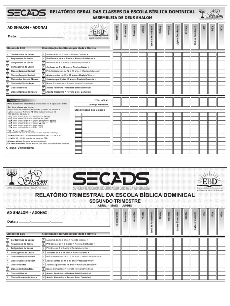 A3 - Relatório Geral Da Secretaria Da EBD | PDF | Escola dominical | Bíblia