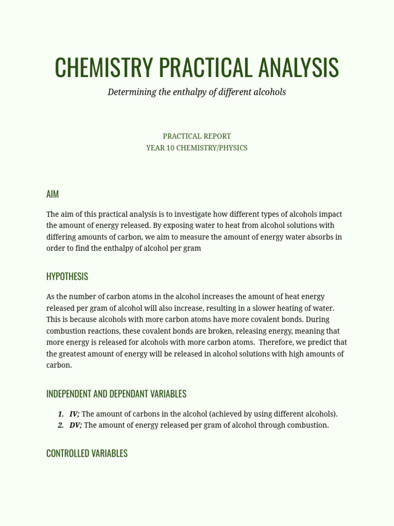 Chemistry Prac Analysis Determining The Enthalpy of Different Alcohols ...