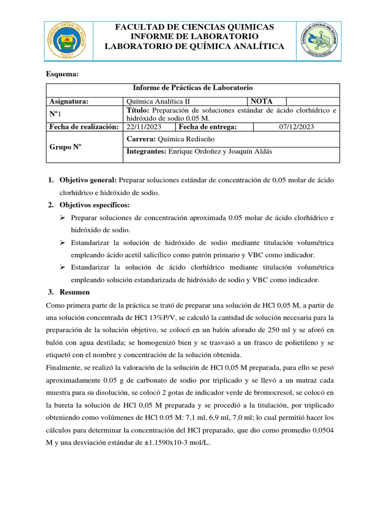 Informe N°1 Preparación y Estandarización HCL y NaOH. Enrique y Joaco | PDF | Química | Valoración