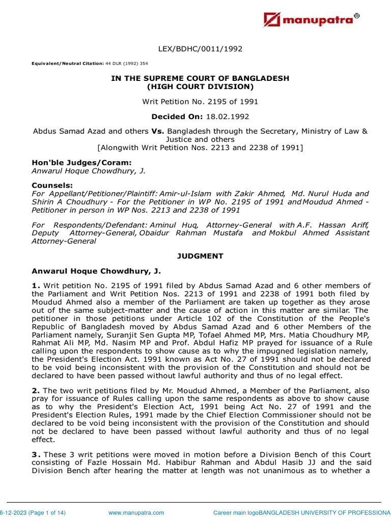 Abdus Samad Azad and Others Vs Bangladesh Through BDHC920011COM486251 ...