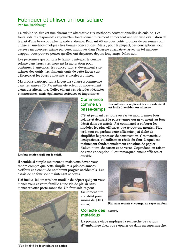 Fabriquer Et Utiliser Un Four Solaire: Par Joe Radabaugh | PDF