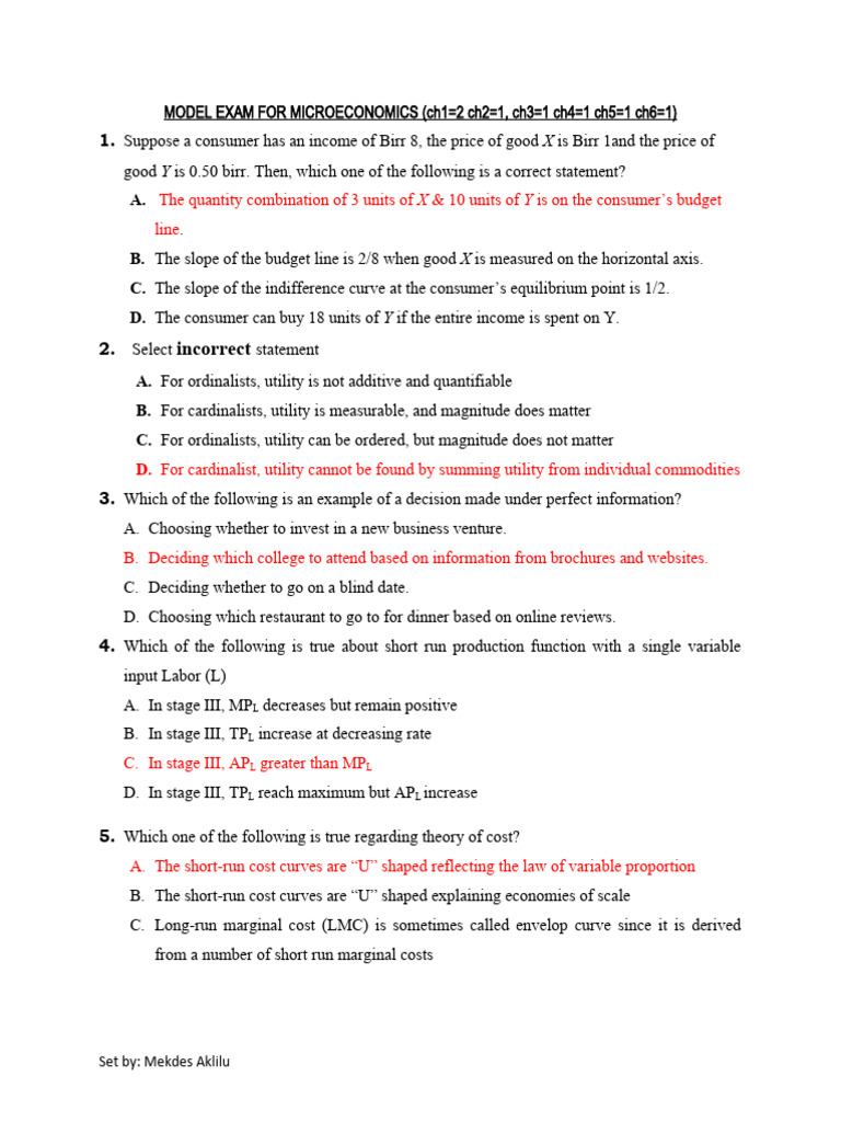 Model Exam For Microeconomics | PDF | Long Run And Short Run | Average Cost