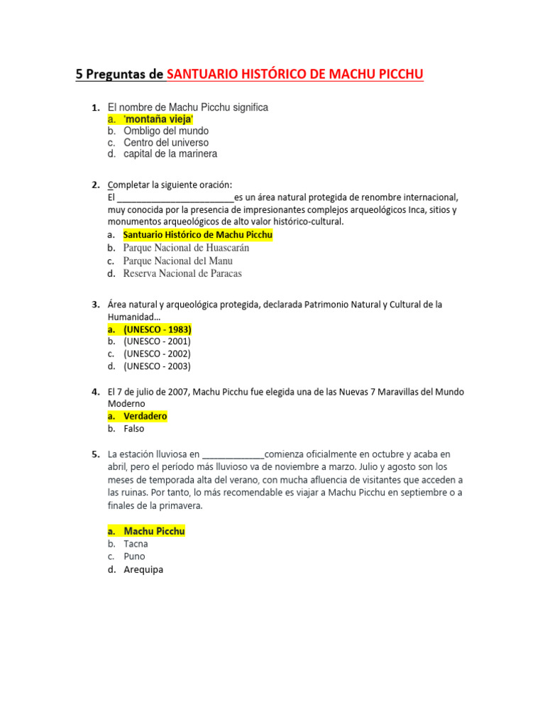 5 Preguntas de SANTUARIO HISTÓRICO DE MACHU PICCHU | PDF
