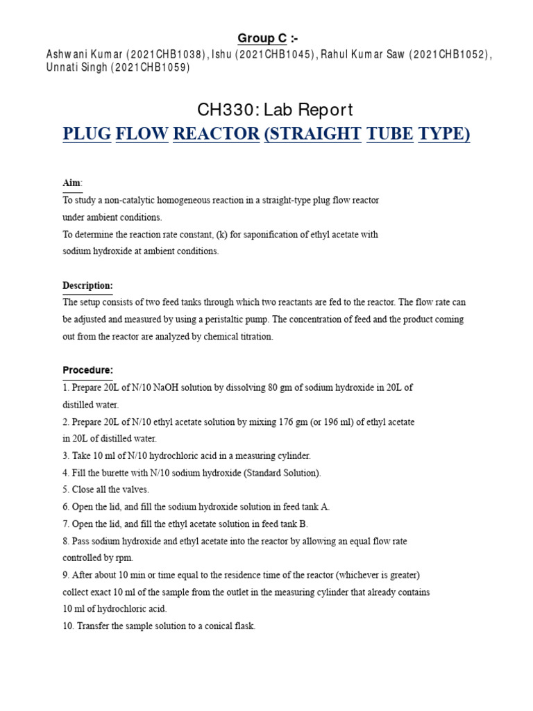 CH330 GroupC Plug Flow Reactor | PDF | Chemical Reactor | Titration
