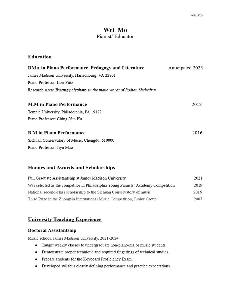 Wei CV | PDF | Opus Number | Music