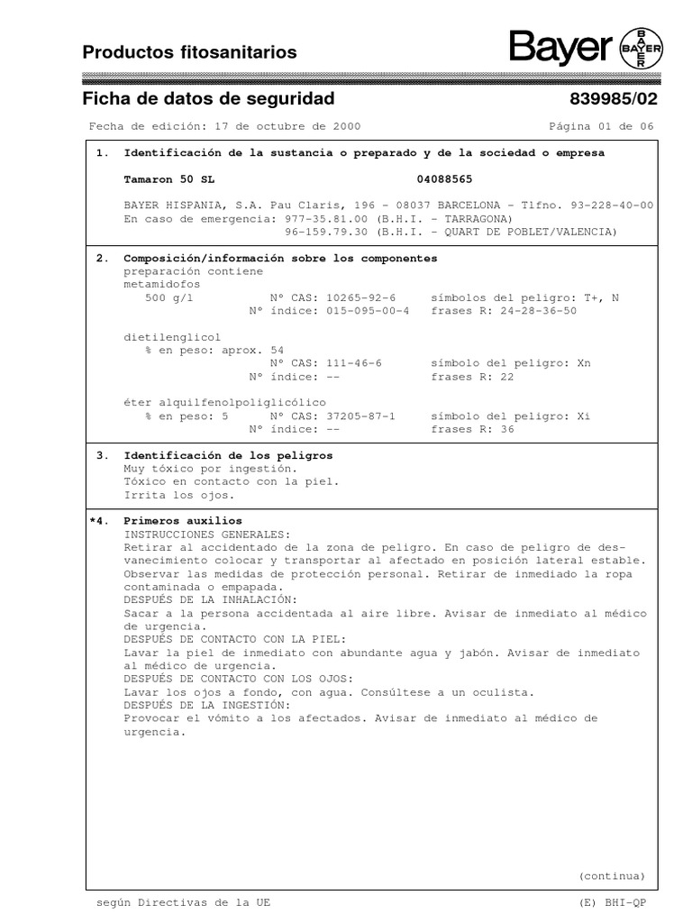 MSDS O SDS TAMARON 50 LS | PDF | Agua | Pesticida