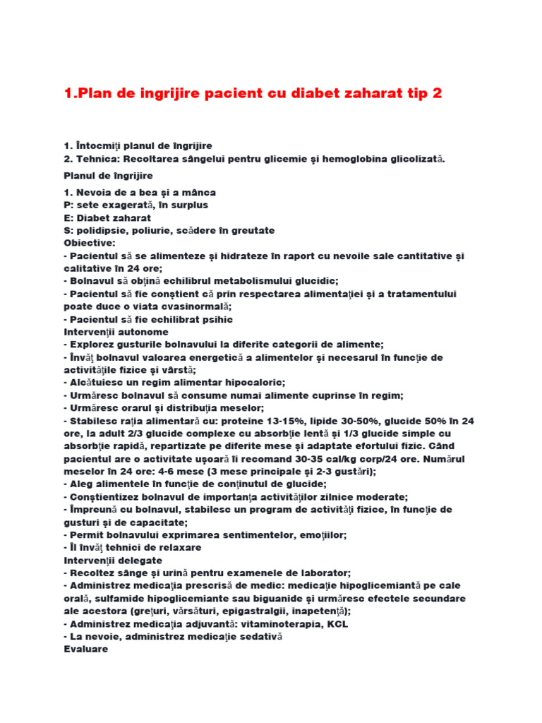 Plan de Ingrijire Pacient Cu Diabet Zaharat Tip 2 | PDF