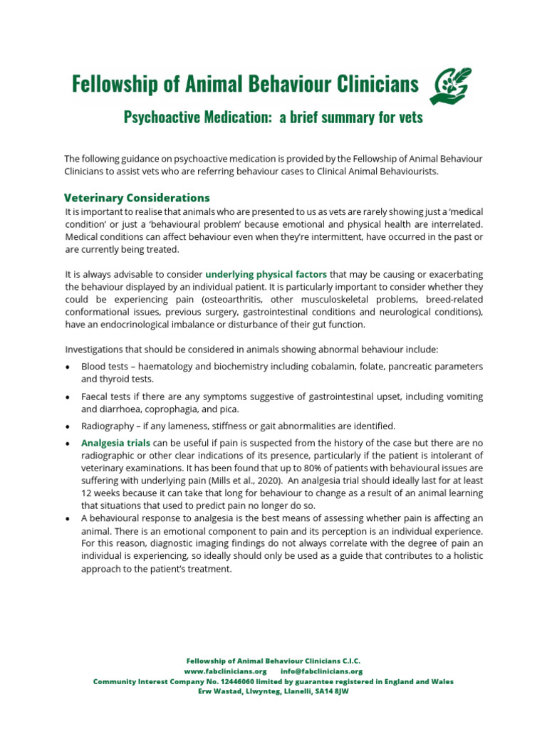 FABC Psychopharmacy Vet Handout | PDF