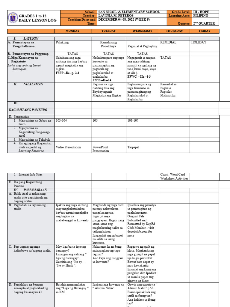 DLL-FILIPINO-3-Q2-W5 | PDF