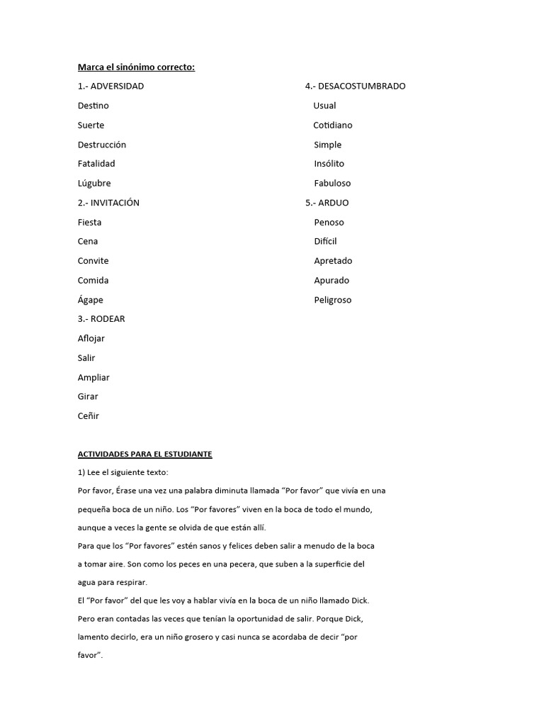 Marca El Sinónimo Correcto:: Actividades para El Estudiante | PDF