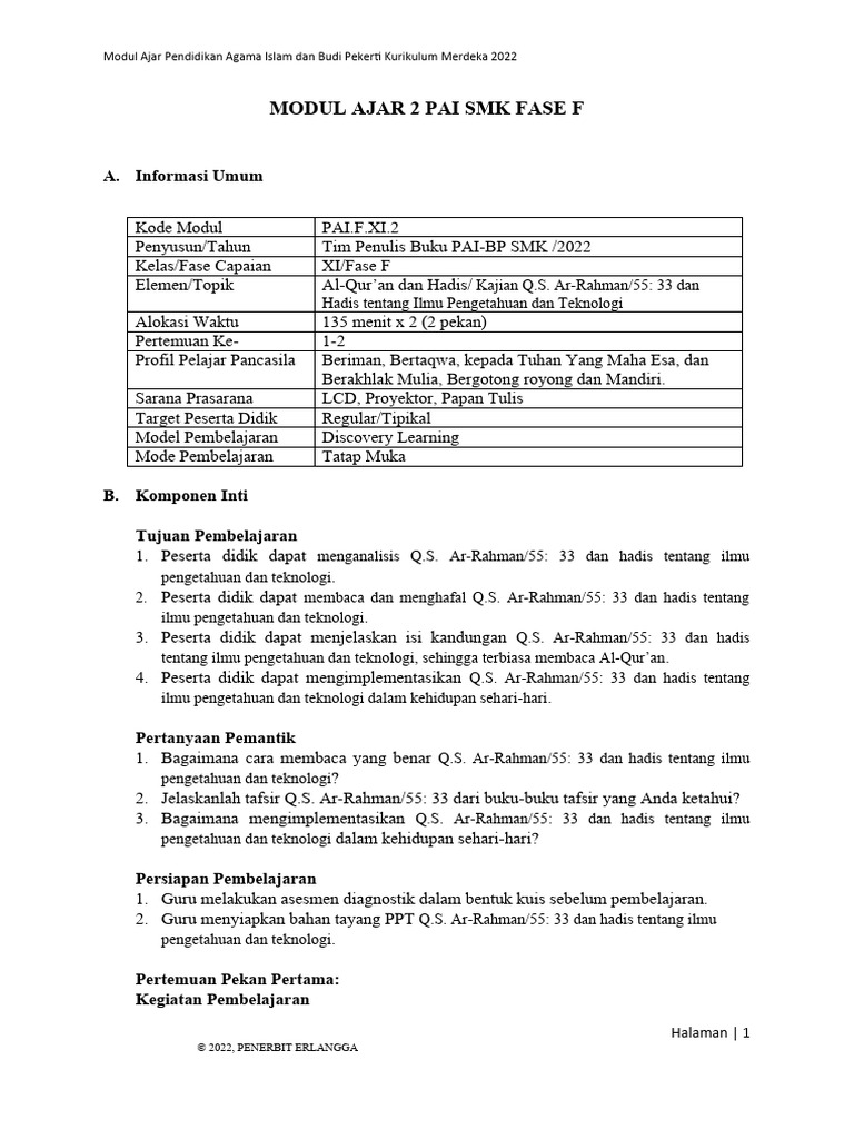 Modul Ajar 2 Pai SMK Kelas Xi Bab 2 - Oke | PDF