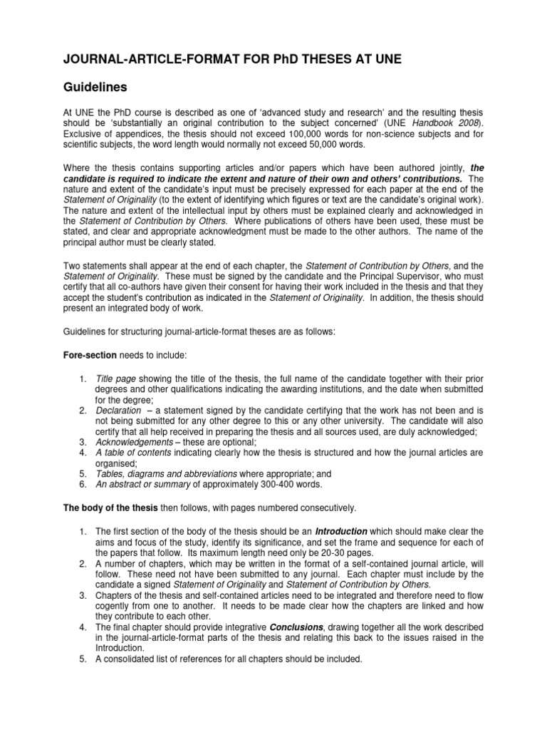 Journal Article Format For PHD Thesis at UNE Guidlines | PDF