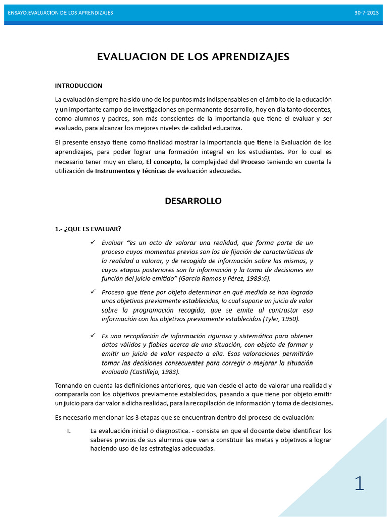 Ensayo Evaluacion de Los Aprendizajes | PDF | Evaluación | Cognición