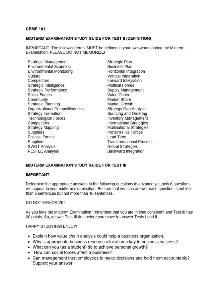Cbme 101 Midterm Exam Study Guide | PDF | Strategic Management | Strategic Planning