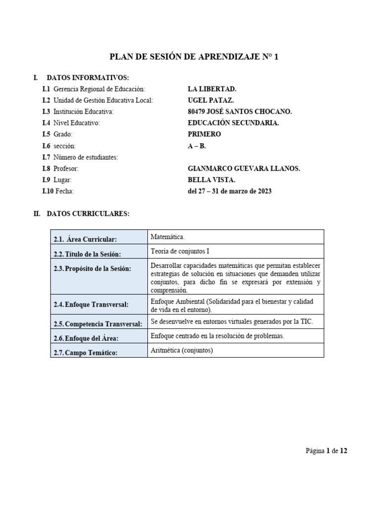 PLAN DE SESIÓN DE APRENDIZAJE N°1 | PDF | Conjunto (Matemáticas) | Maestros
