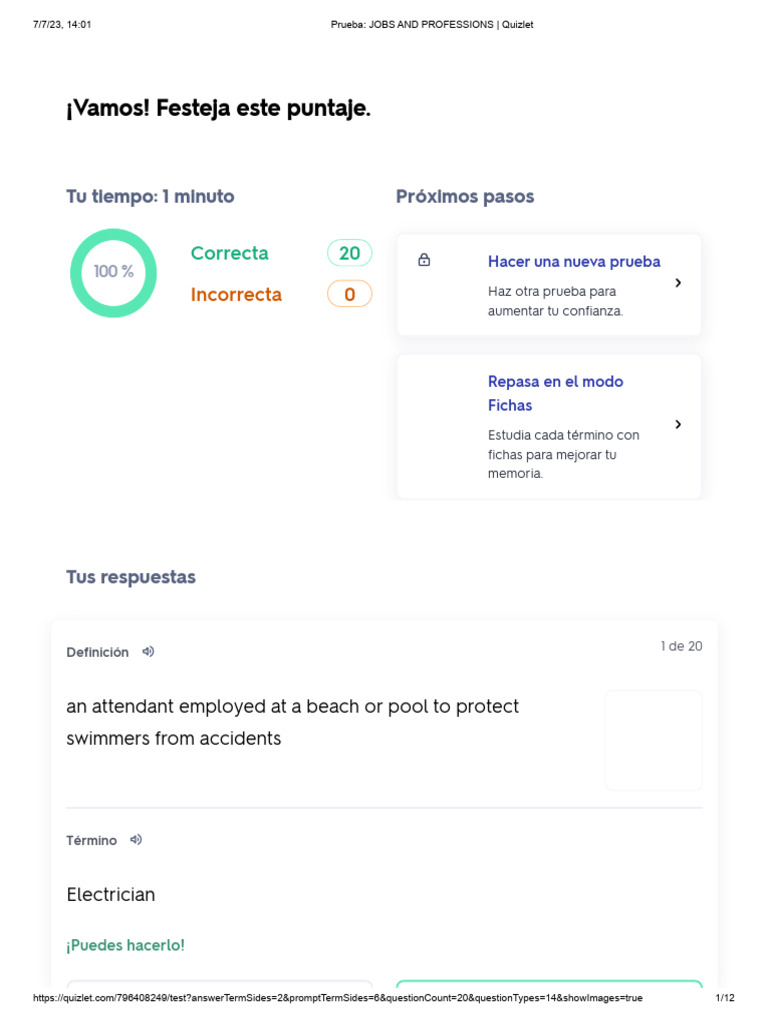 Prueba - JOBS AND PROFESSIONS - Quizlet | PDF