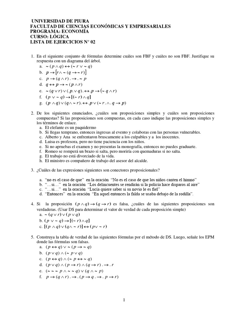 Lista de Ejercicios 2-2022-II | PDF | Proposición | Lógica