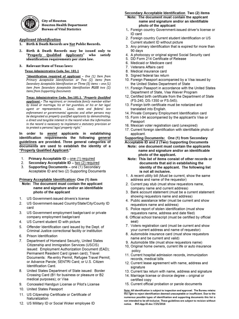 "Identification Required of Applicant - One (1) Item From | PDF ...