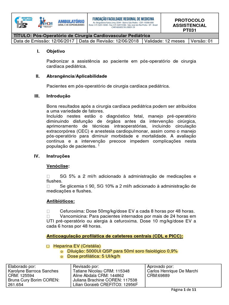 Protocolo Pós-Operatório Cardíaco Infantil | PDF | Choque (circulatório) | Fentanil