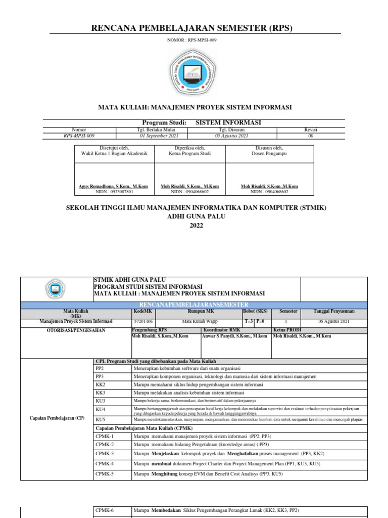 RPS Manajemen Proyek SI | PDF