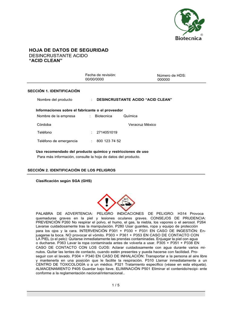 MSDS Acid Clean | PDF | Agua | Incendios