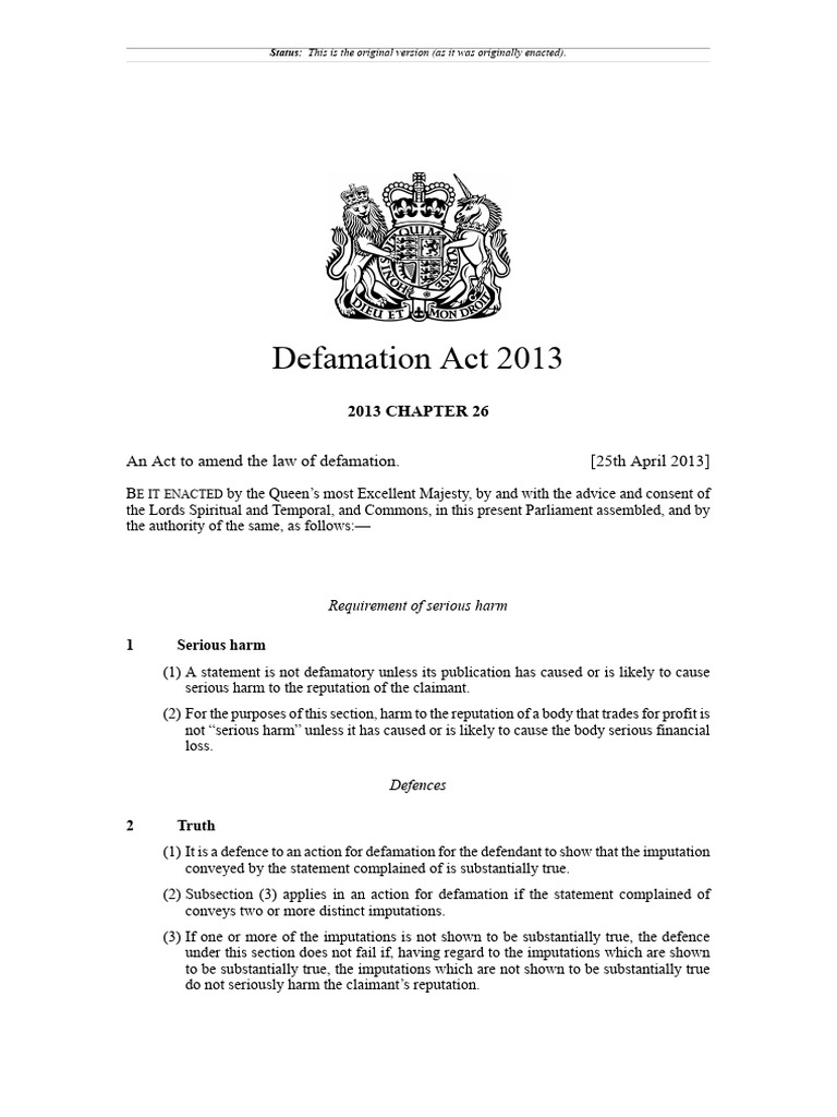 Defamation Act 2013 Original Version | PDF | Finance & Money Management ...