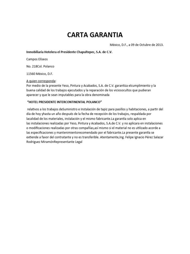 CARTA GARANTIA de Obra | PDF