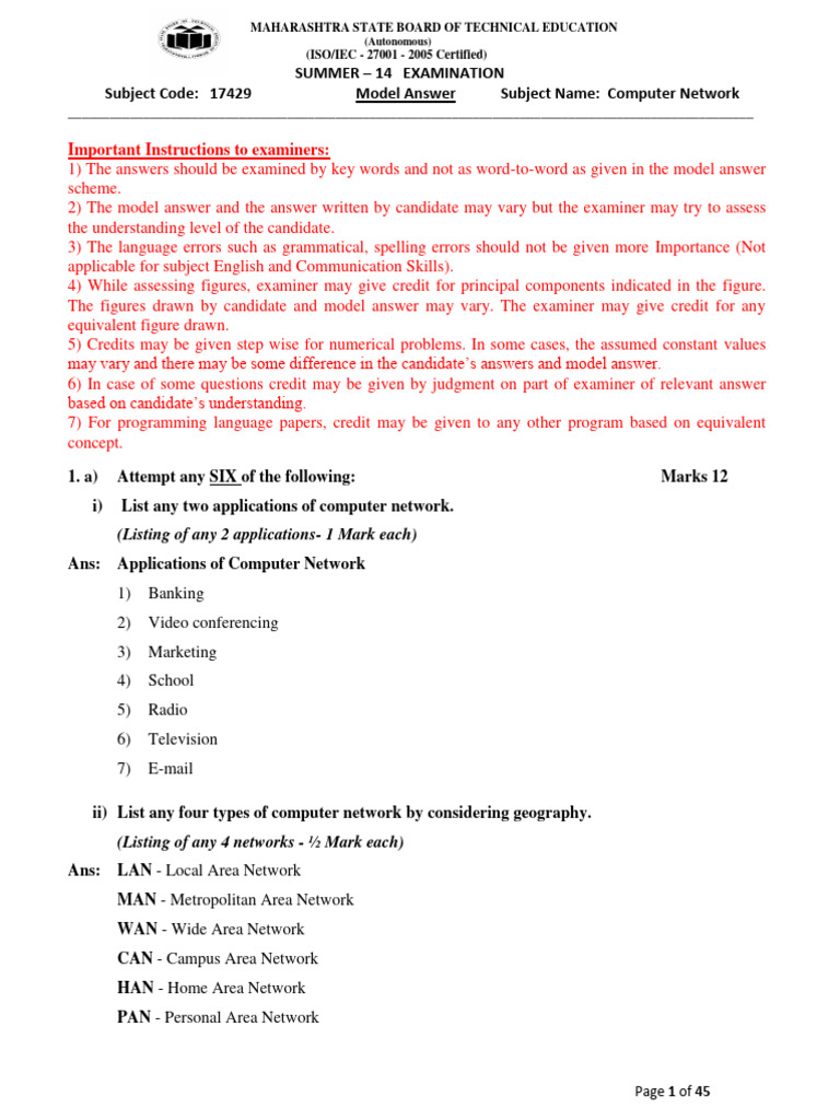 2014 Summer Model Answer Paper | PDF | Transmission Control Protocol | Transmission Medium