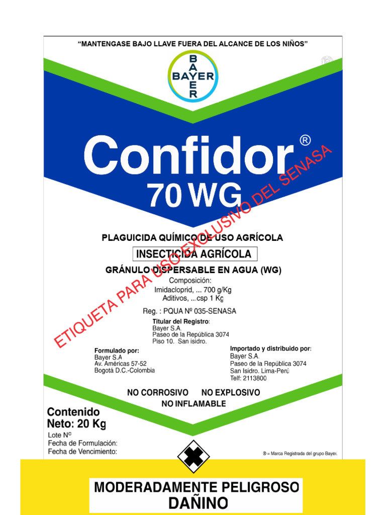 Etiq. Confidor 70 WG - 20 KG, Bayer Colombia | PDF | Agua | Pesticida