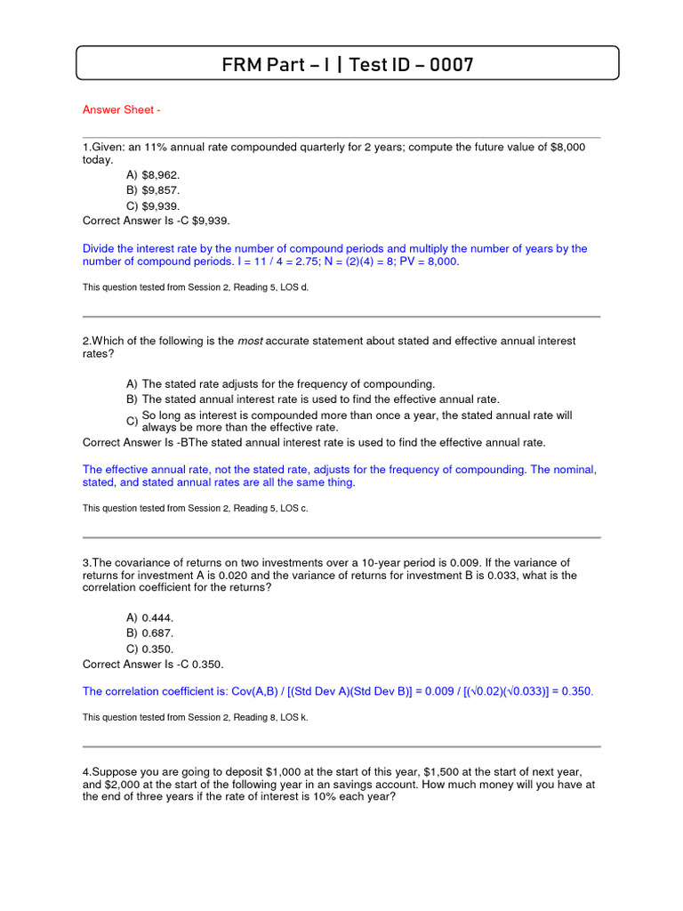 FRM Test 07 ANS | PDF | Internal Rate Of Return | Variance