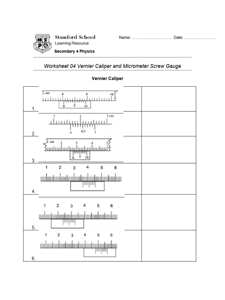 Vernier Caliper and Micrometer Worksheet | PDF | Science & Mathematics ...
