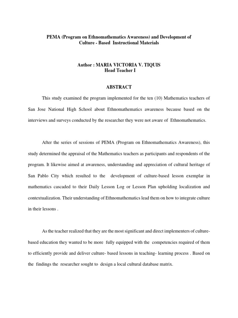 PEMA (Program On Ethnomathematics Awareness) and Development of Culture ...