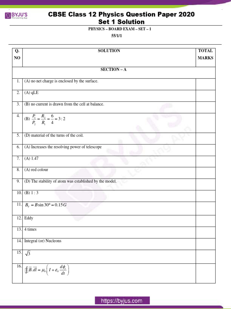 CBSE Class 12 Physics Question Paper Set 1 Solution 2020 | PDF ...