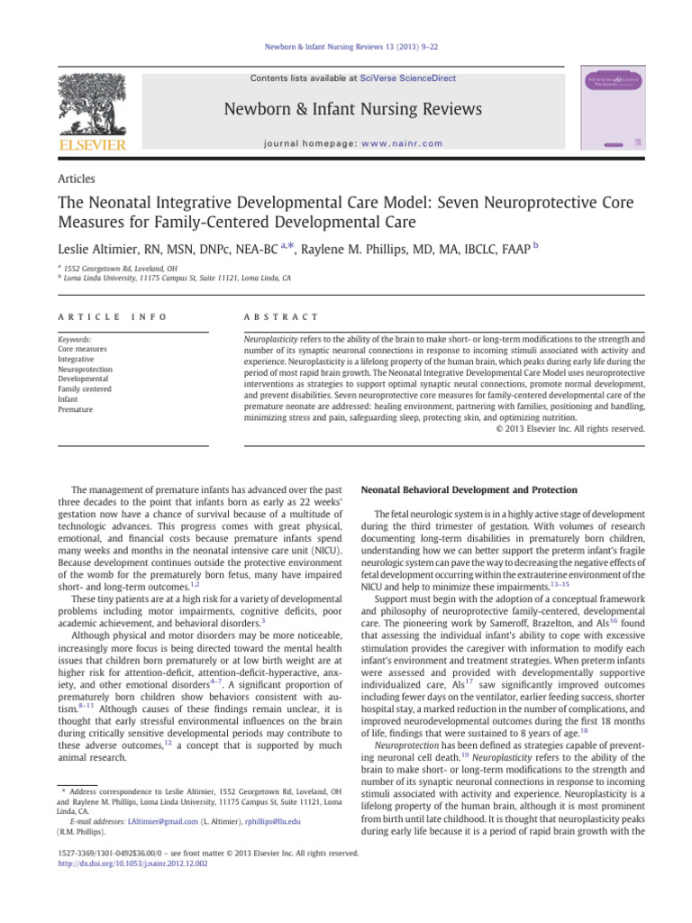 The Neonatal Integrative Developmental | PDF | Neonatal Intensive Care ...