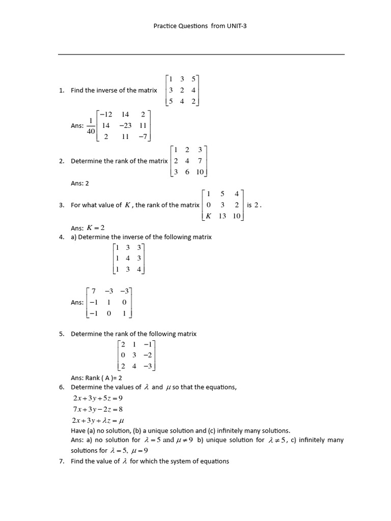 Practice Questions Unit3 | PDF | Eigenvalues And Eigenvectors | Mathematics
