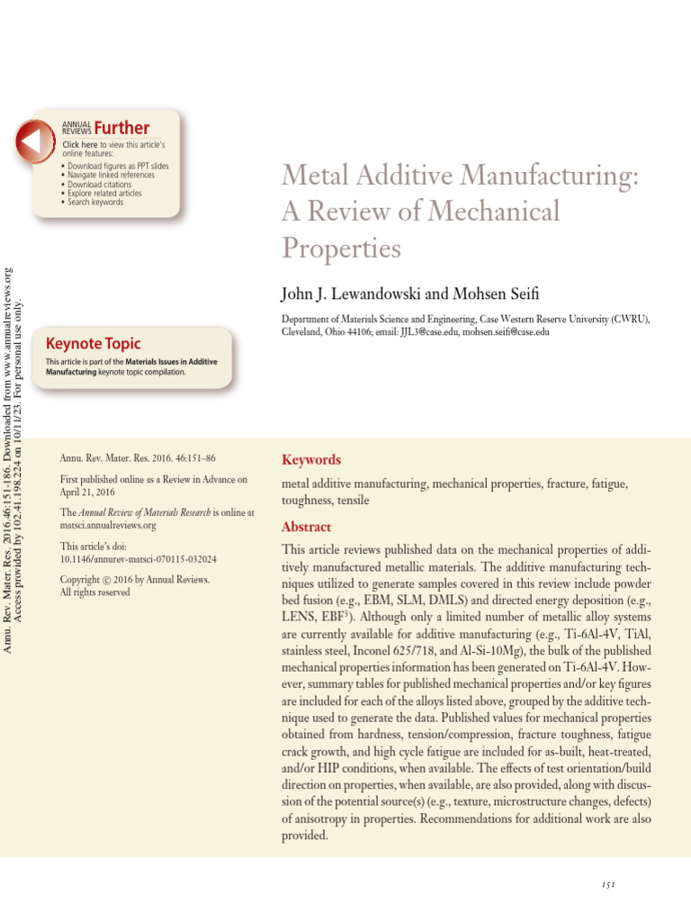Lewandowski Seifi 2016 Metal Additive Manufacturing A Review of Mechanical Properties | Download ...