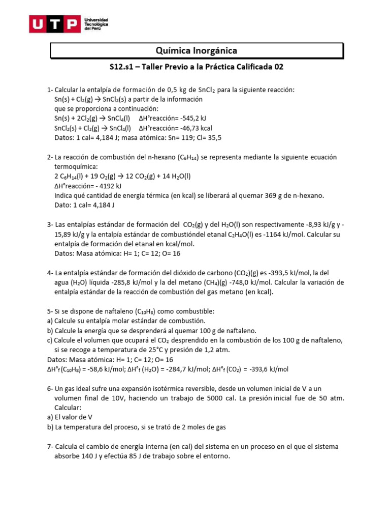 S12.s1 - Taller para La PC2 - QI | PDF | Caloría | Entalpía