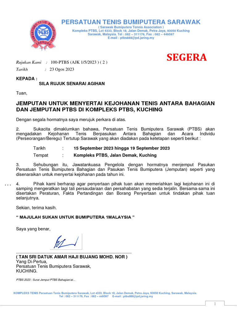 Surat Jemput PTBS Bahagian 2023 | PDF