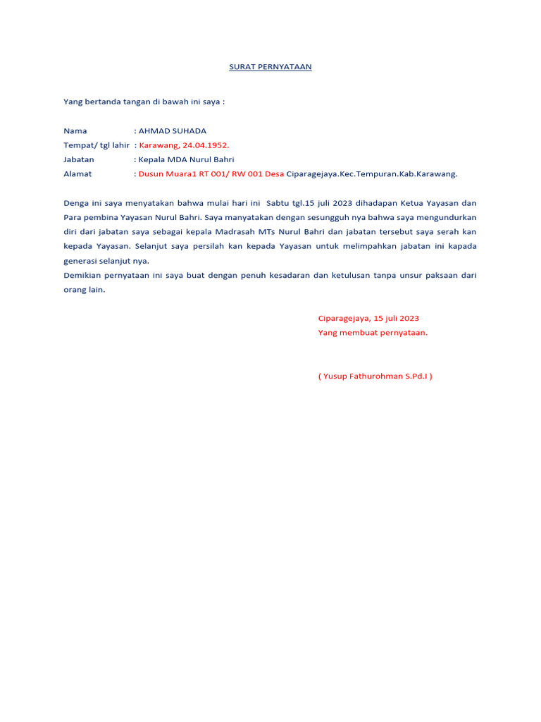 Surat Pernyataan Pengunduran Diri Kepala Mda | PDF