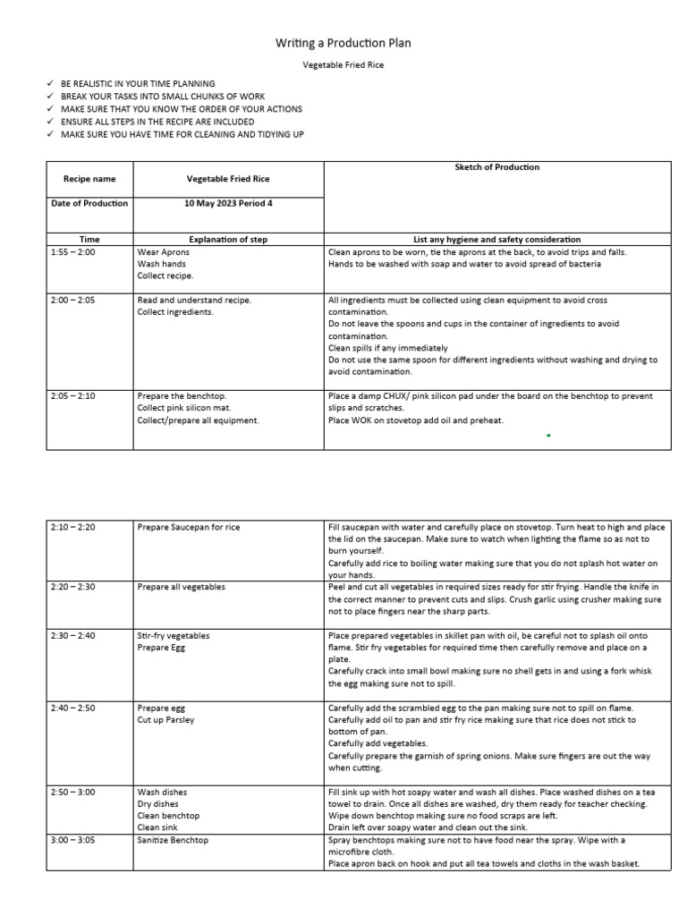 Vegetable Fried Rice Production Plan | PDF