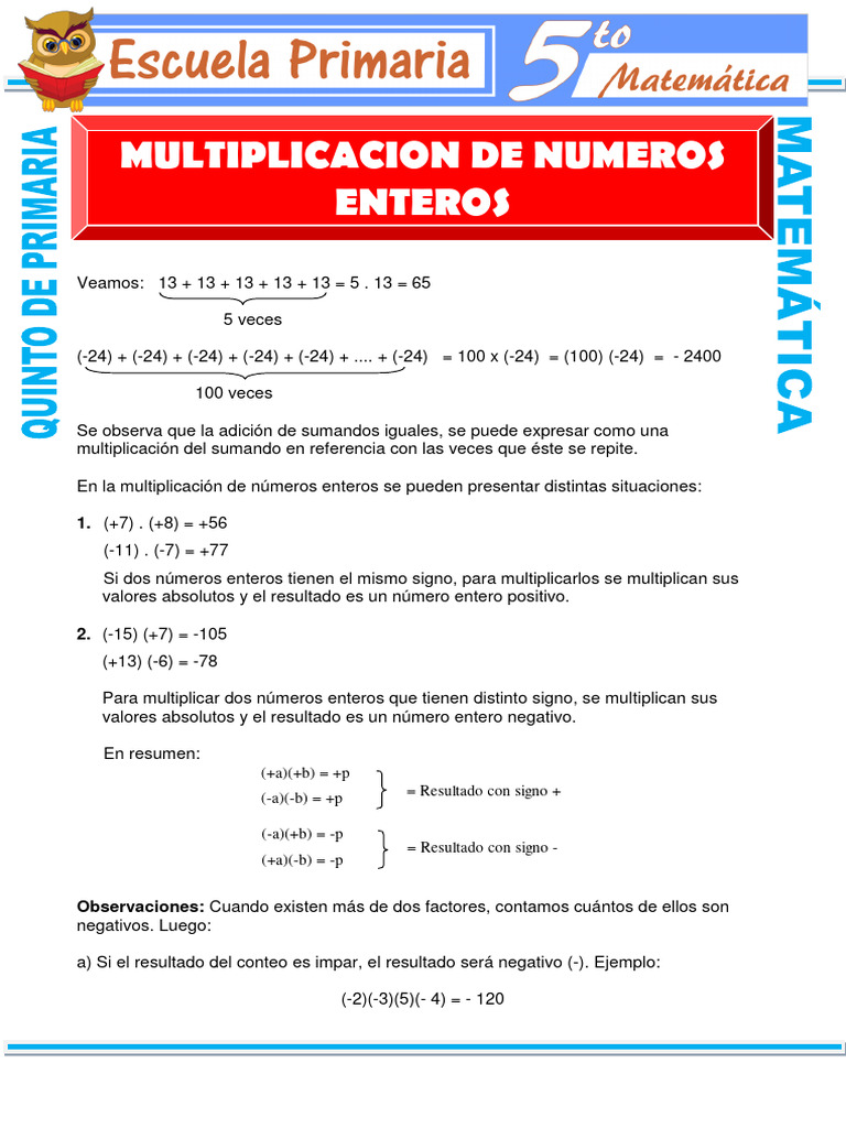 Multiplicación de Números Enteros para Quinto de Primaria | PDF | Entero | Multiplicación