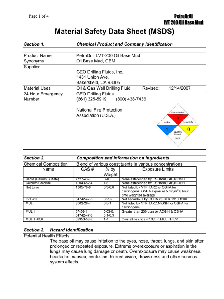 Material Safety Data Sheet (MSDS) - GEO Drilling Fluids, Inc. | PDF ...