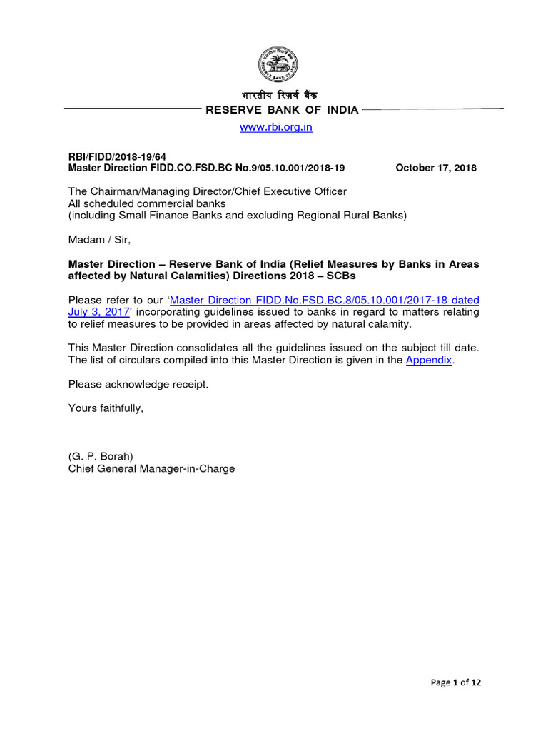 RBI Master Circular On Natural Calamity | PDF | Loans | Interest RBI Master Circular On Natural Calamity | PDF | Loans | Interest